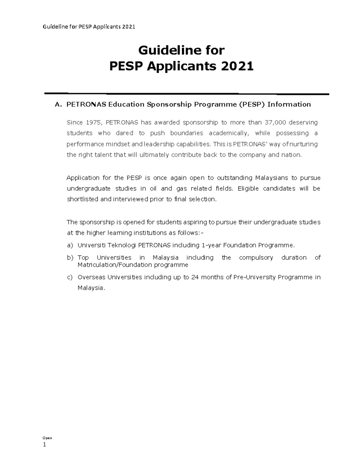 Guideline for PESP Applicants 2021 - Open Guideline for PESP Applicants ...