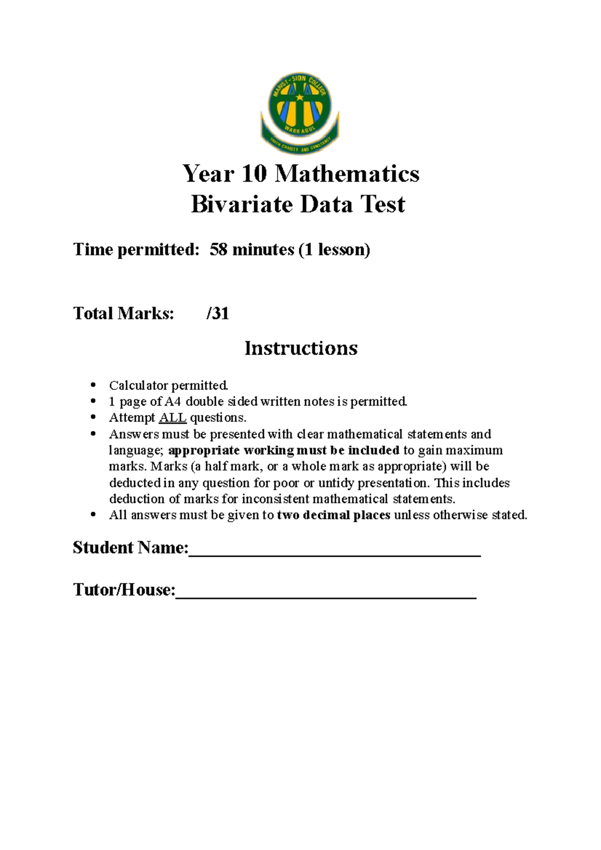 2020 Year 10S - Bivariate Data Practice Test - Year 10 Mathematics ...