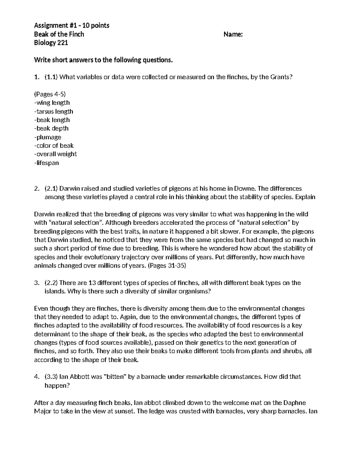 Beak of the Finch 1 - summary of assignment - Assignment #1 - 10 points ...
