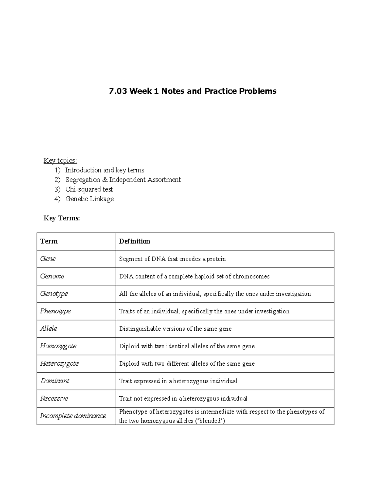 7.03 Week 1 Notes and Practice Problems - 7 Fall 2018, Recitation 1 ...