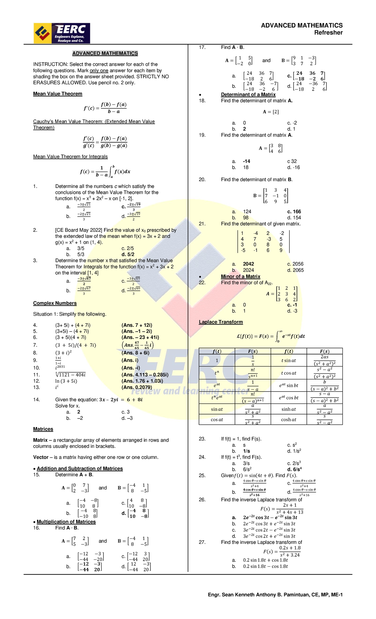 Refresher - Advanced Math (Handout) - ADVANCED MATHEMATICS Refresher ...
