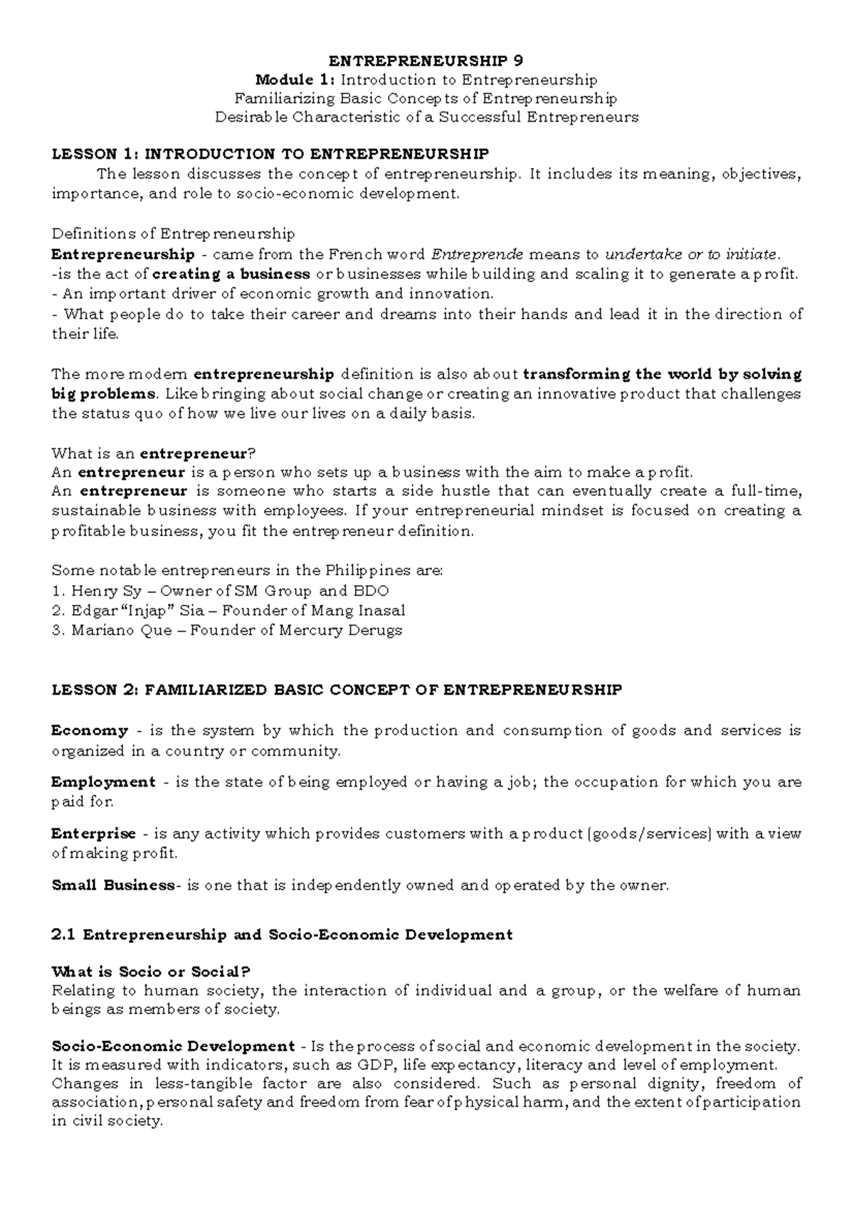 Entrep 9 Lecture Module 1 - ENTREPRENEURSHIP 9 Module 1: Introduction ...