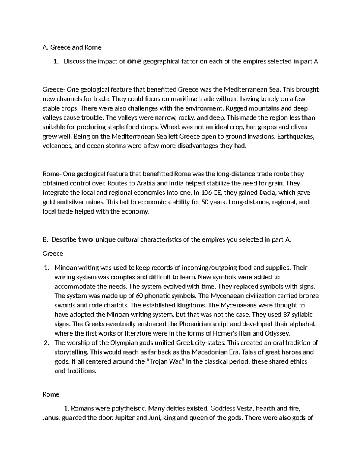 BCM1 Task2 - c375 task 2 - A. Greece and Rome 1. Discuss the impact of ...