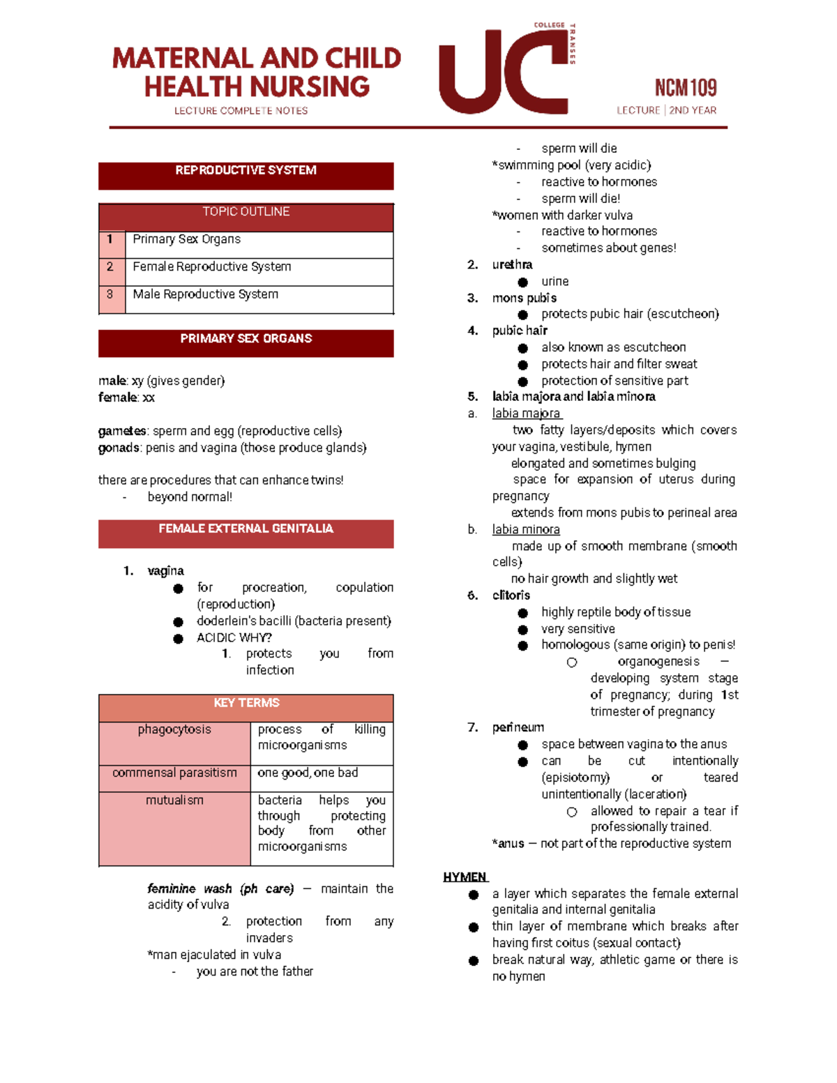 Maternal 109 Notes - REPRODUCTIVE SYSTEM TOPIC OUTLINE 1 Primary Sex ...