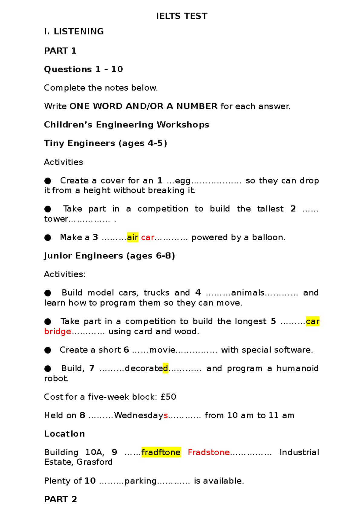 CAM 16 1 Listening + Reading - IELTS TEST I. LISTENING PART 1 Questions ...