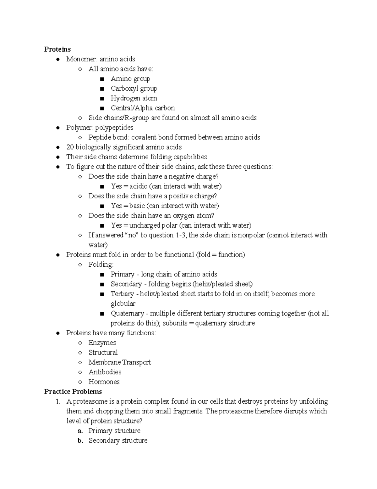 Proteins Lecture - Notes and practice problems from class - Proteins ...