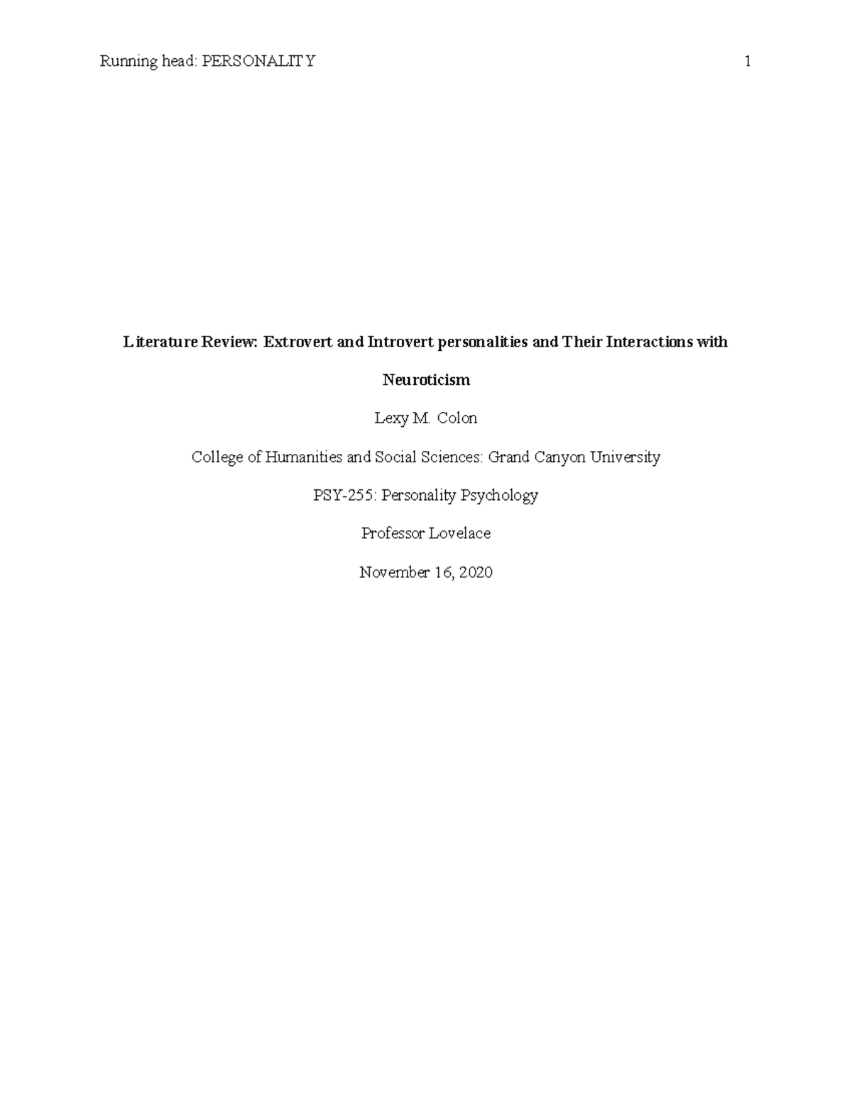 Extrovert and Introvert final paper - Running head: PERSONALITY ...