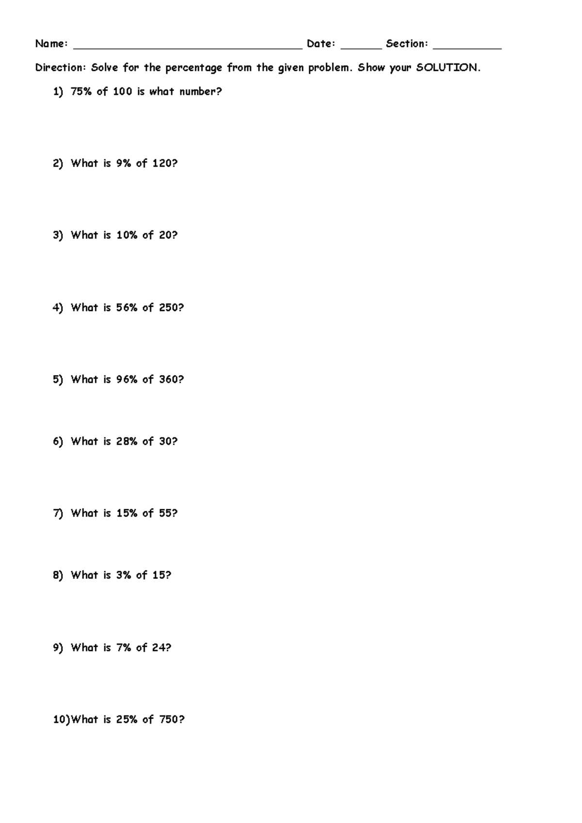 Percentage Worksheets - Basic Elementary Education - Name