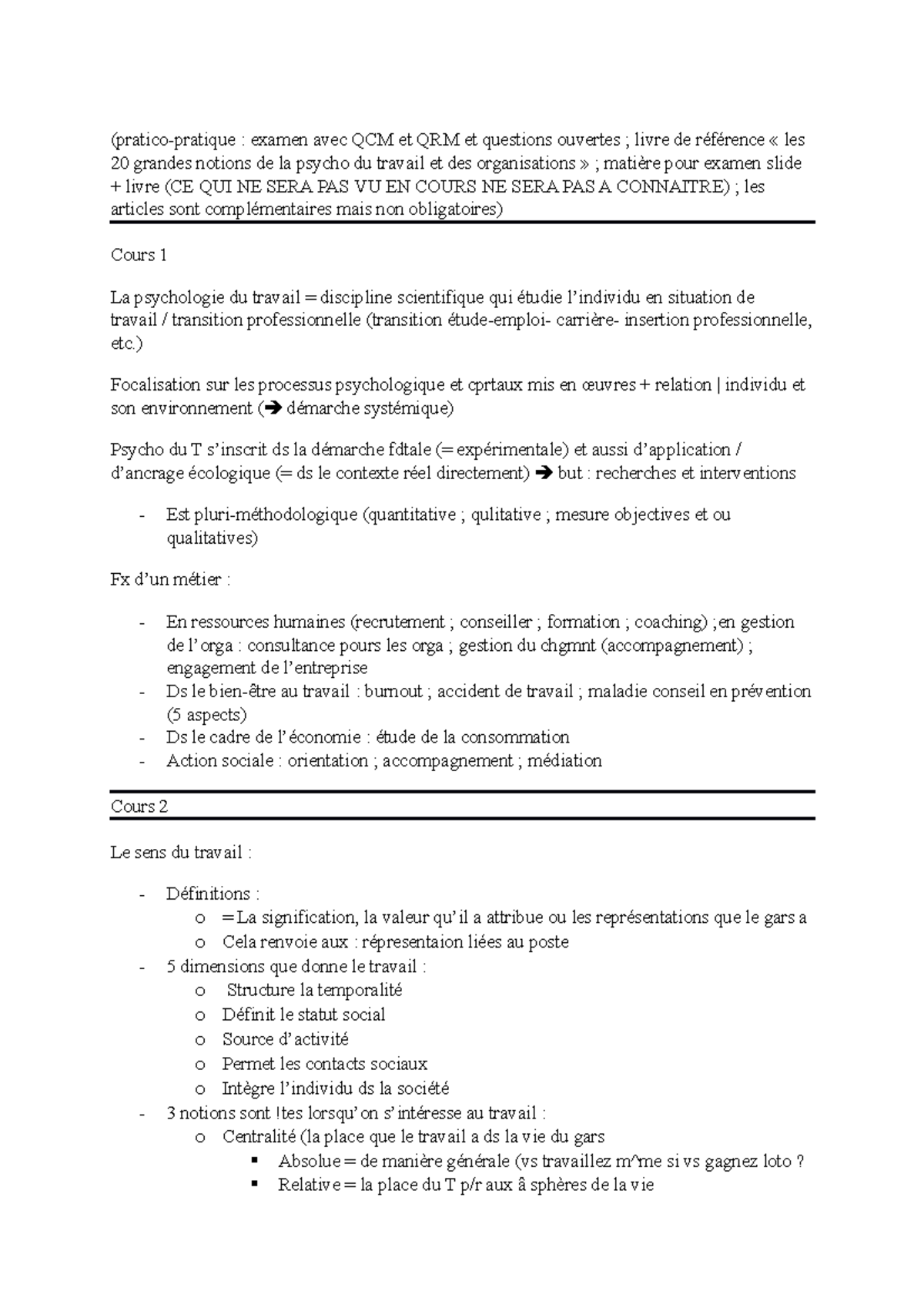 Note psycho travail et orga 2 - (pratico-pratique : examen avec QCM et ...