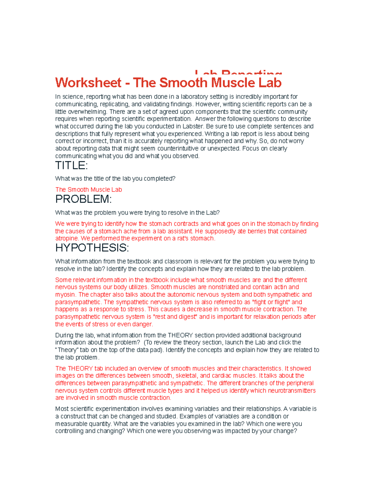 Smooth Muscle Lab Report - Lab Reporting Worksheet - The Smooth Muscle Lab In science, reporting ...