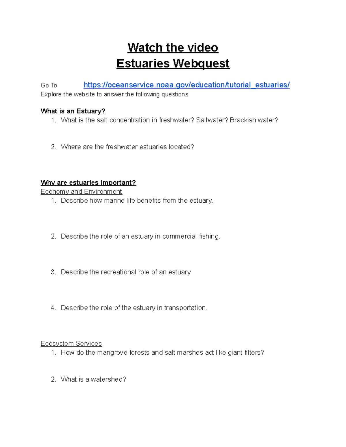 Student Copy of Estuaries Webquest - Watch the video Estuaries Webquest ...