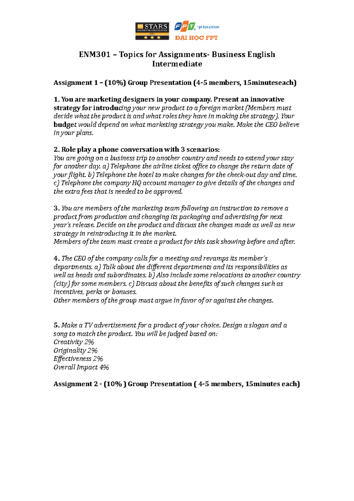 ENM 301 Topics for Assignments - ENM301 – Topics for Assignments ...