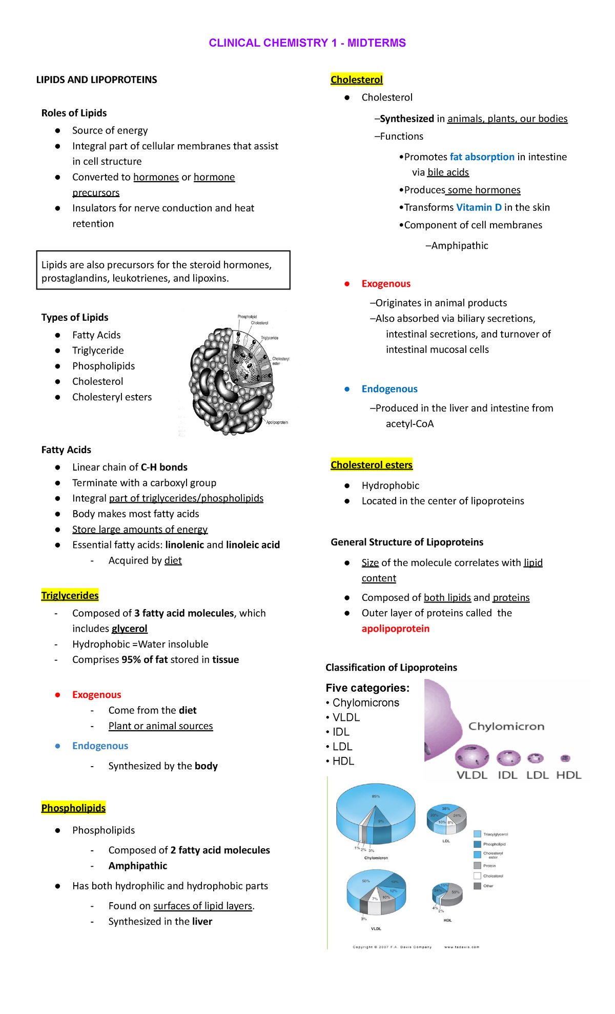 MID Lesson 3 CC Lipids - Review notes - LIPIDS AND LIPOPROTEINS Roles ...