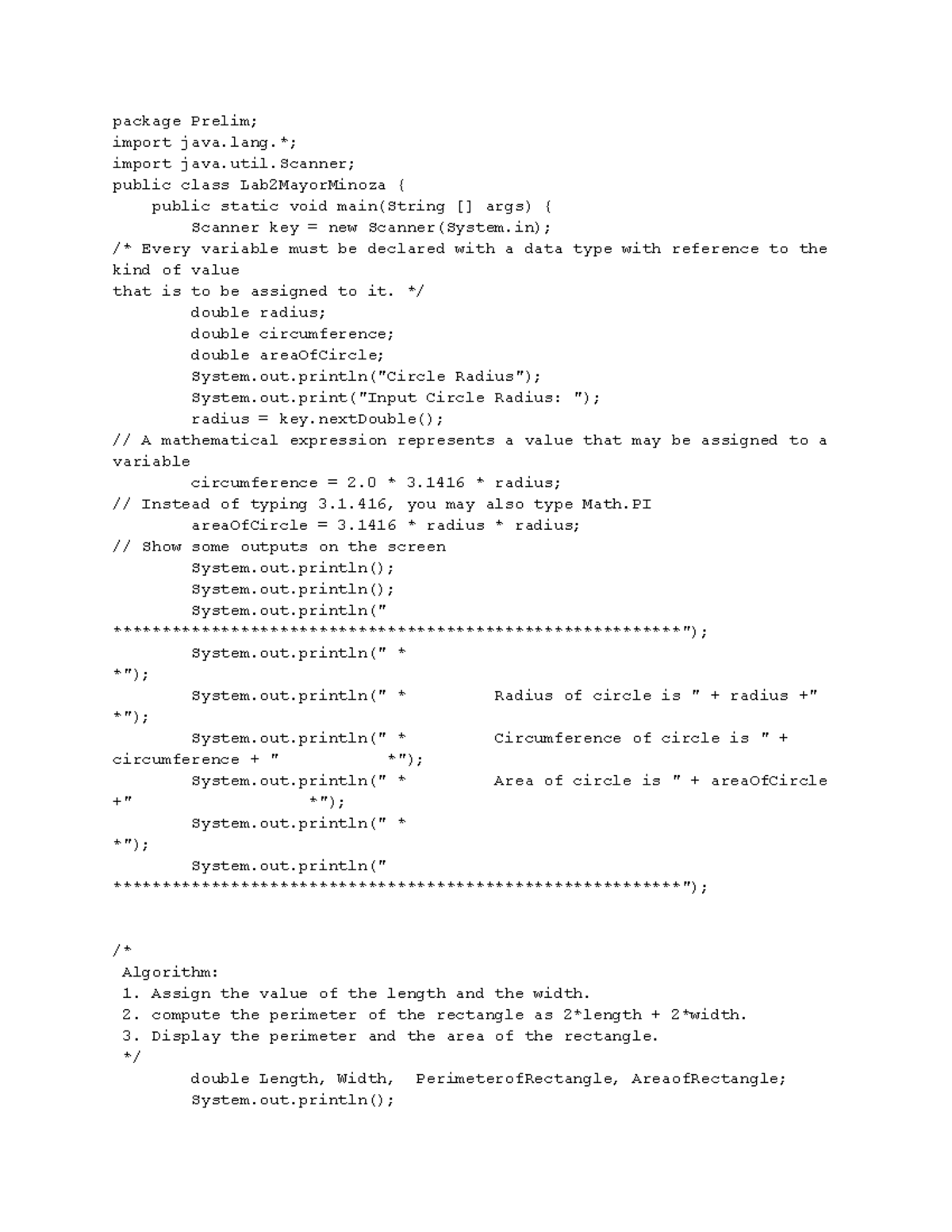 COding java - JAva codes for computing shapes - package Prelim; import ...