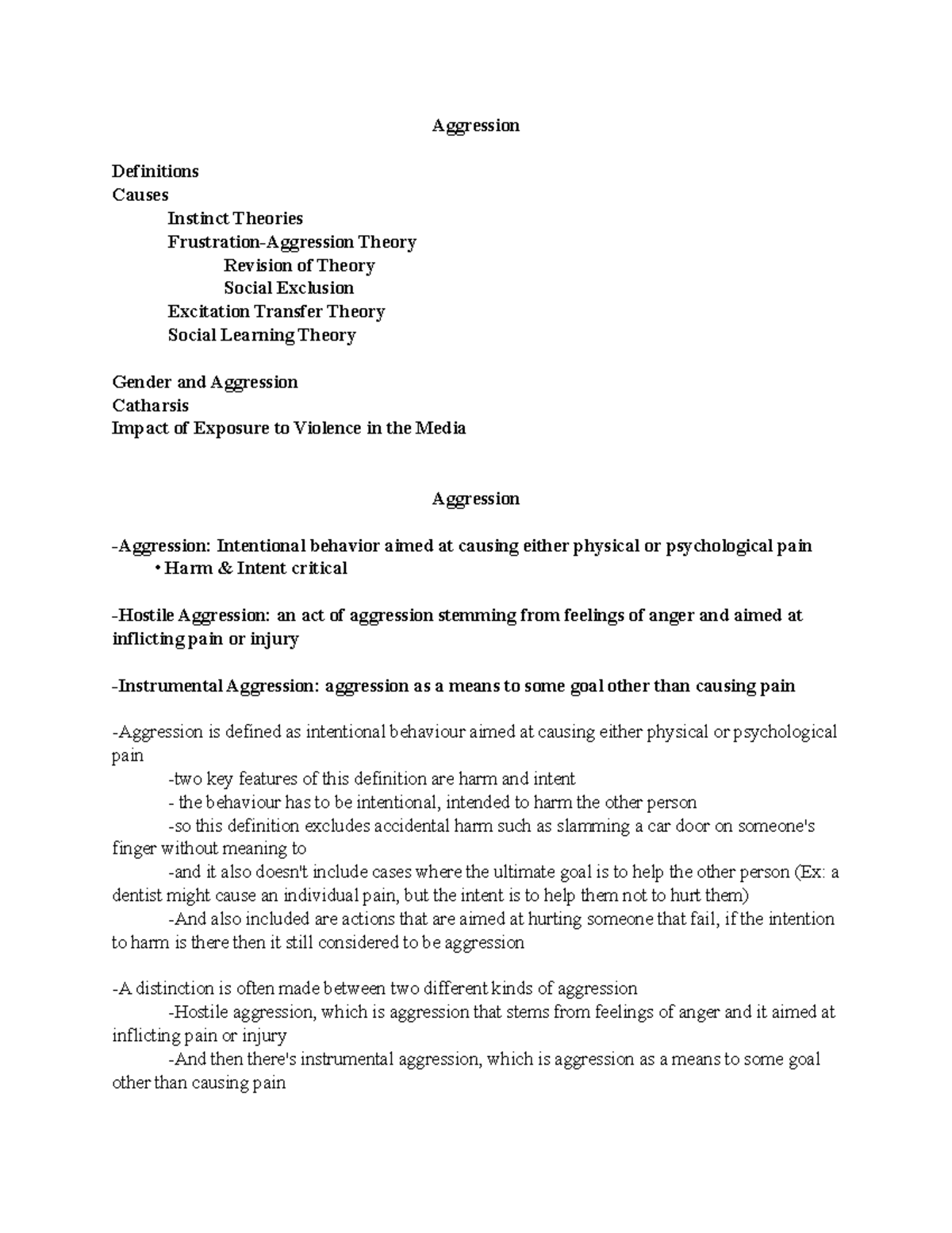 Aggression - Lecture Notes - Aggression Definitions Causes Instinct ...