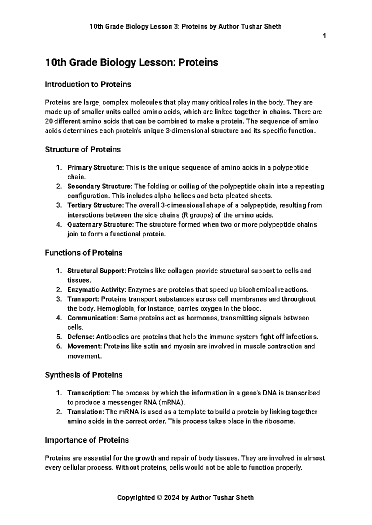 10th Grade Biology Lesson 3 Proteins - They are made up of smaller ...