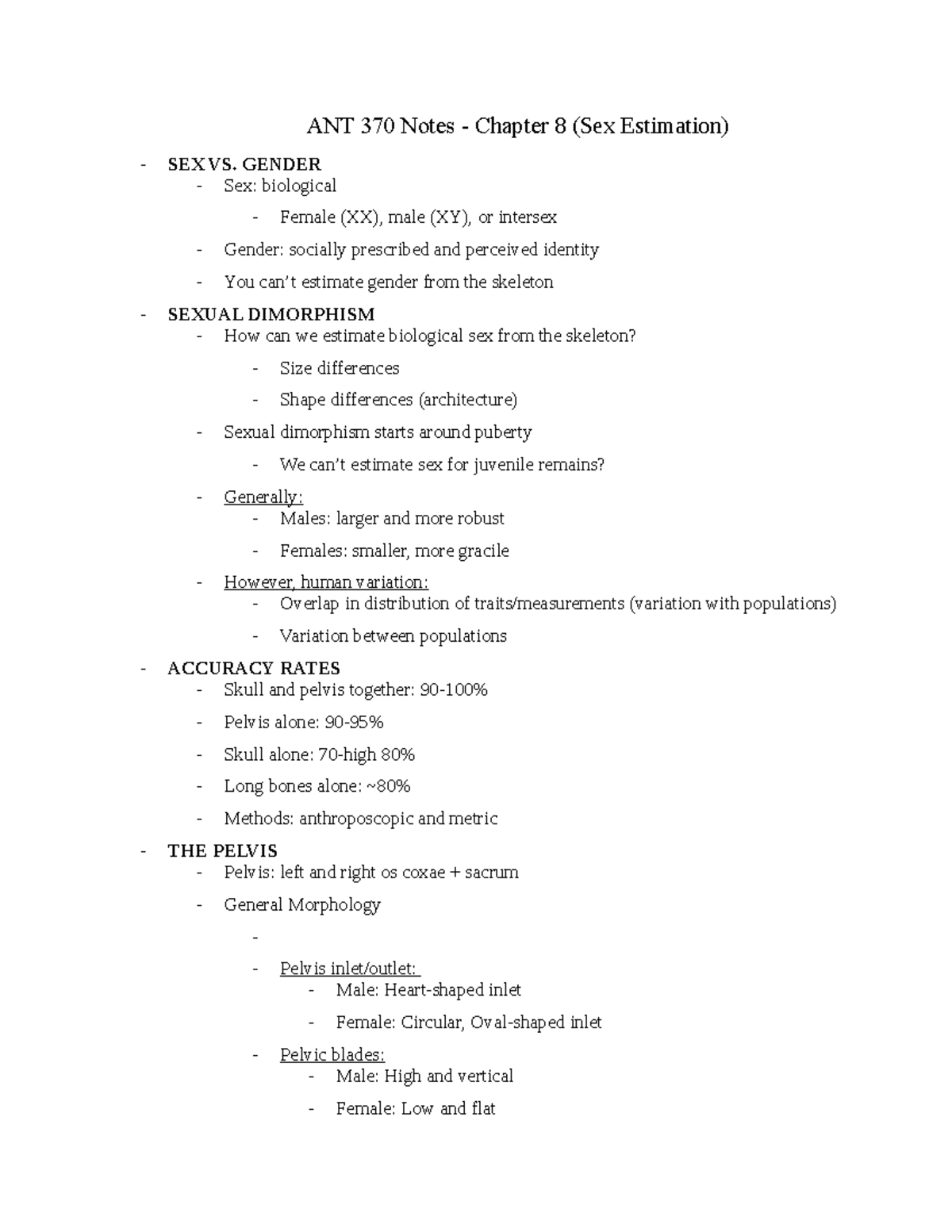 Ant 370 Notes Chapter 8 Sex Estimation Ant 370 Notes Chapter 8