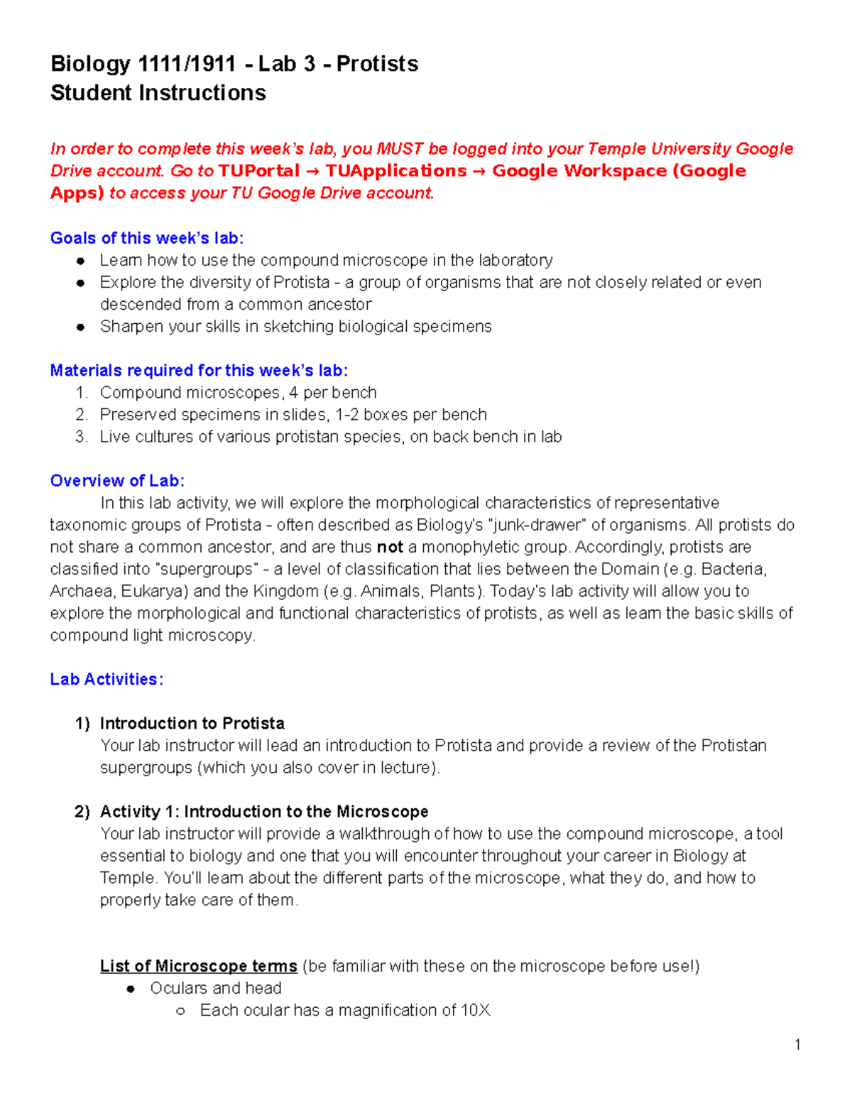 Lab 3 - Protists - Biology 1111/1911 - Lab 3 - Protists Student ...
