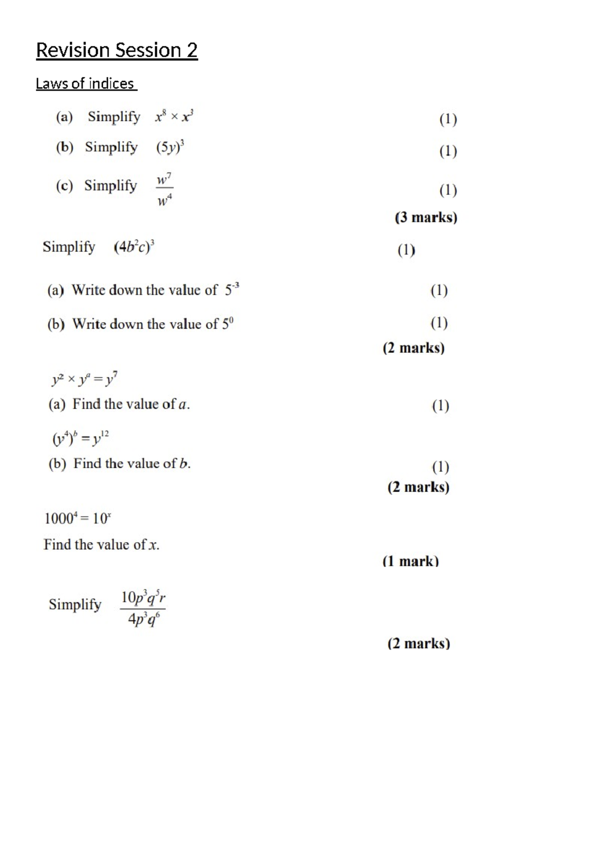 Mixed Higher Revision Questions 2 - Revision Session 2 Laws of indices ...