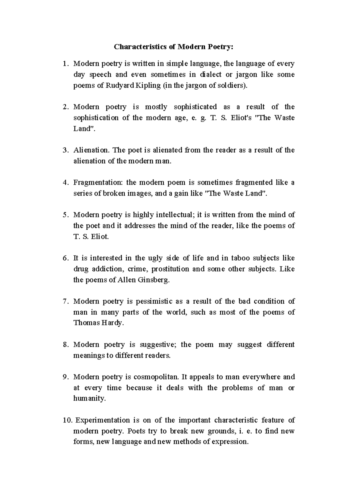 Characteristics of Modern Poetry - Characteristics of Modern Poetry ...