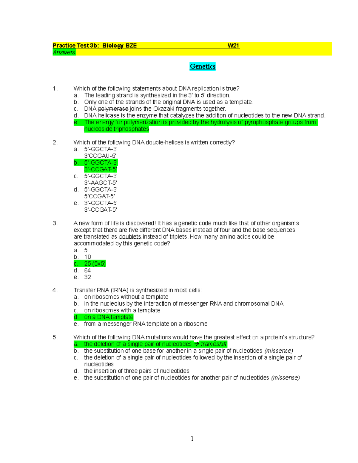 Practice Test Genetics - answers - Practice Test 3b: Biology BZE W ...