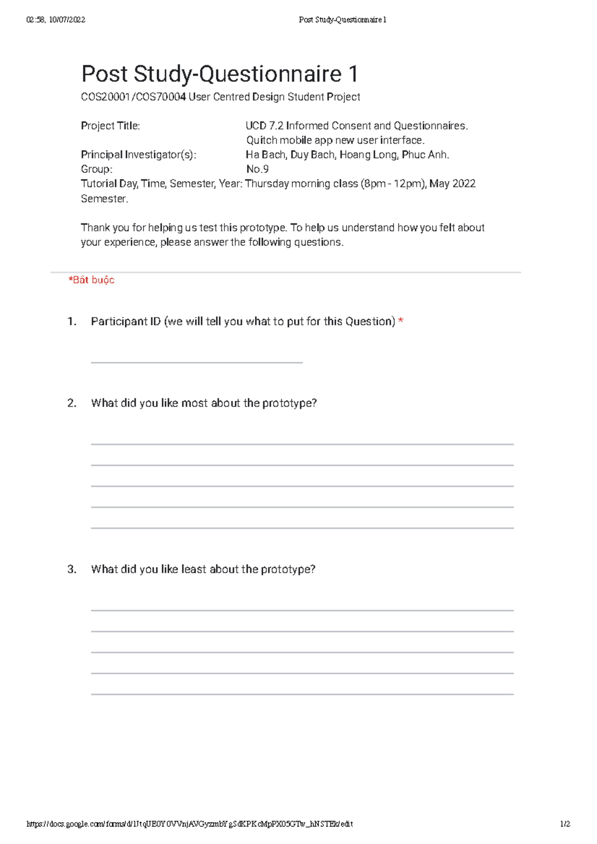 UCD Post Study Questionnaire 1 - 02:58, 10/07/2022 Post Study ...