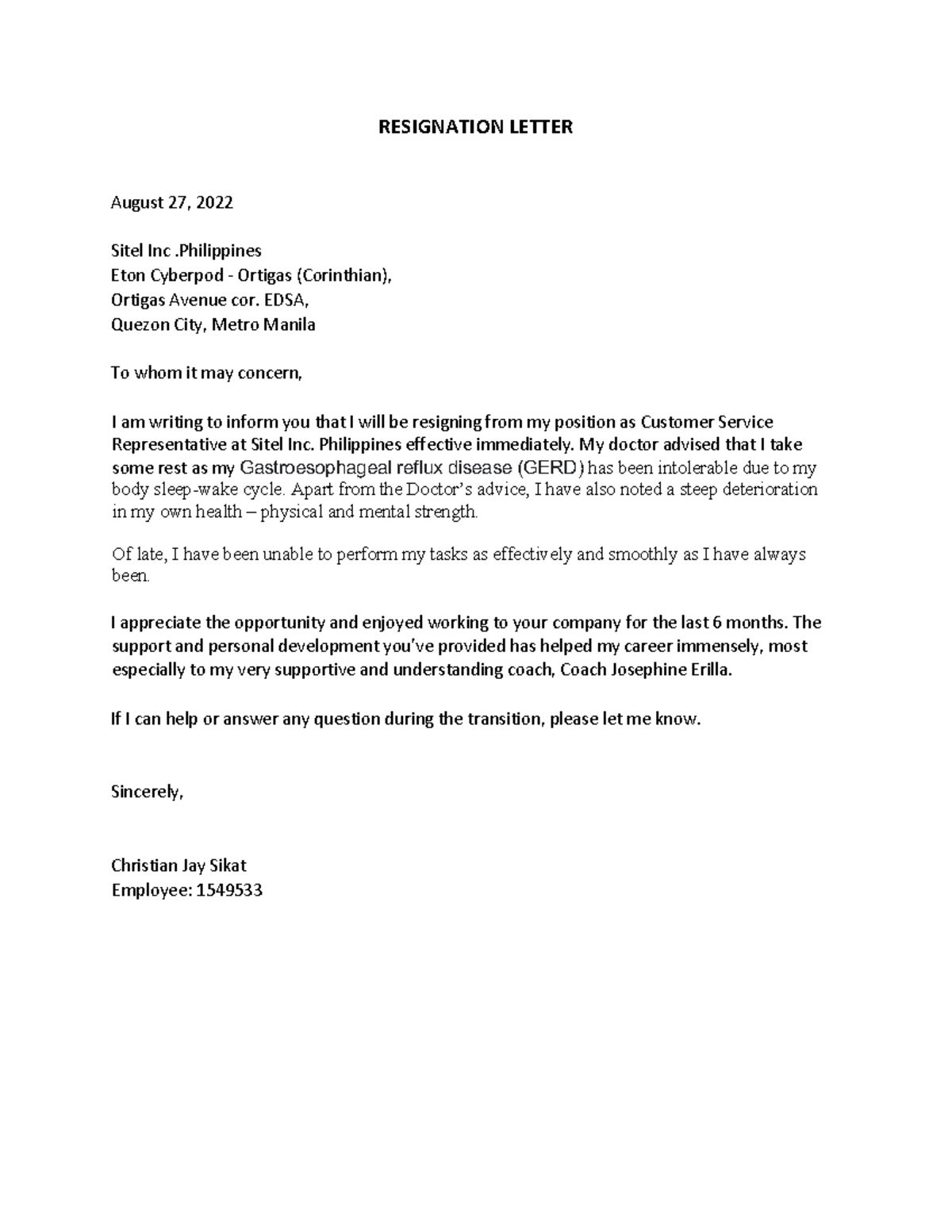 Resignation Letter - RESIGNATION LETTER August 27, 2022 Sitel Inc ...