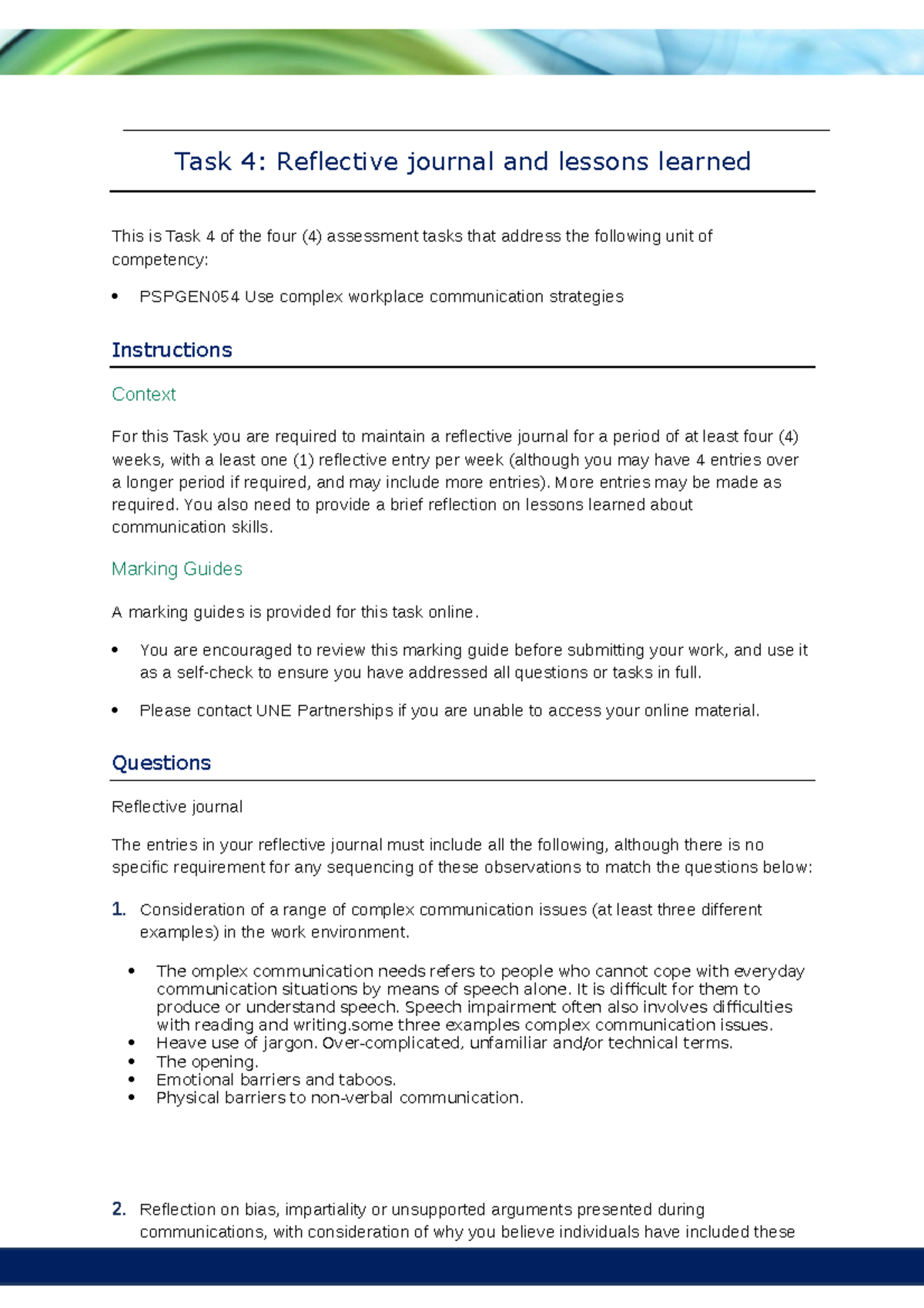 Pspgen 054 Communication Strategies Assessment Task 4 V STD 1 - UNE ...