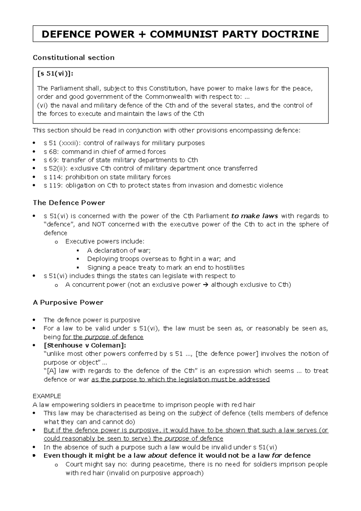 Defence-Power - Notes - Constitutional section This section should be ...
