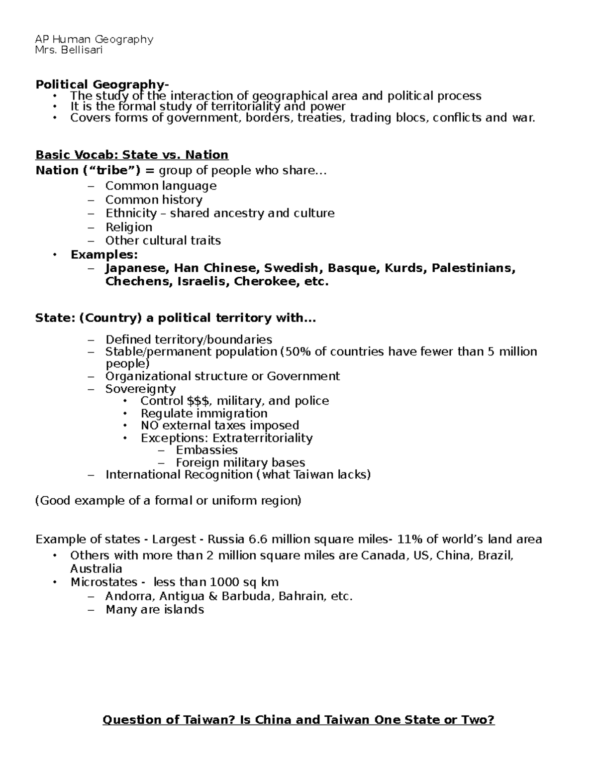 Chapter 8 notes section 1 - AP Human Geography Mrs. Bellisari Political ...