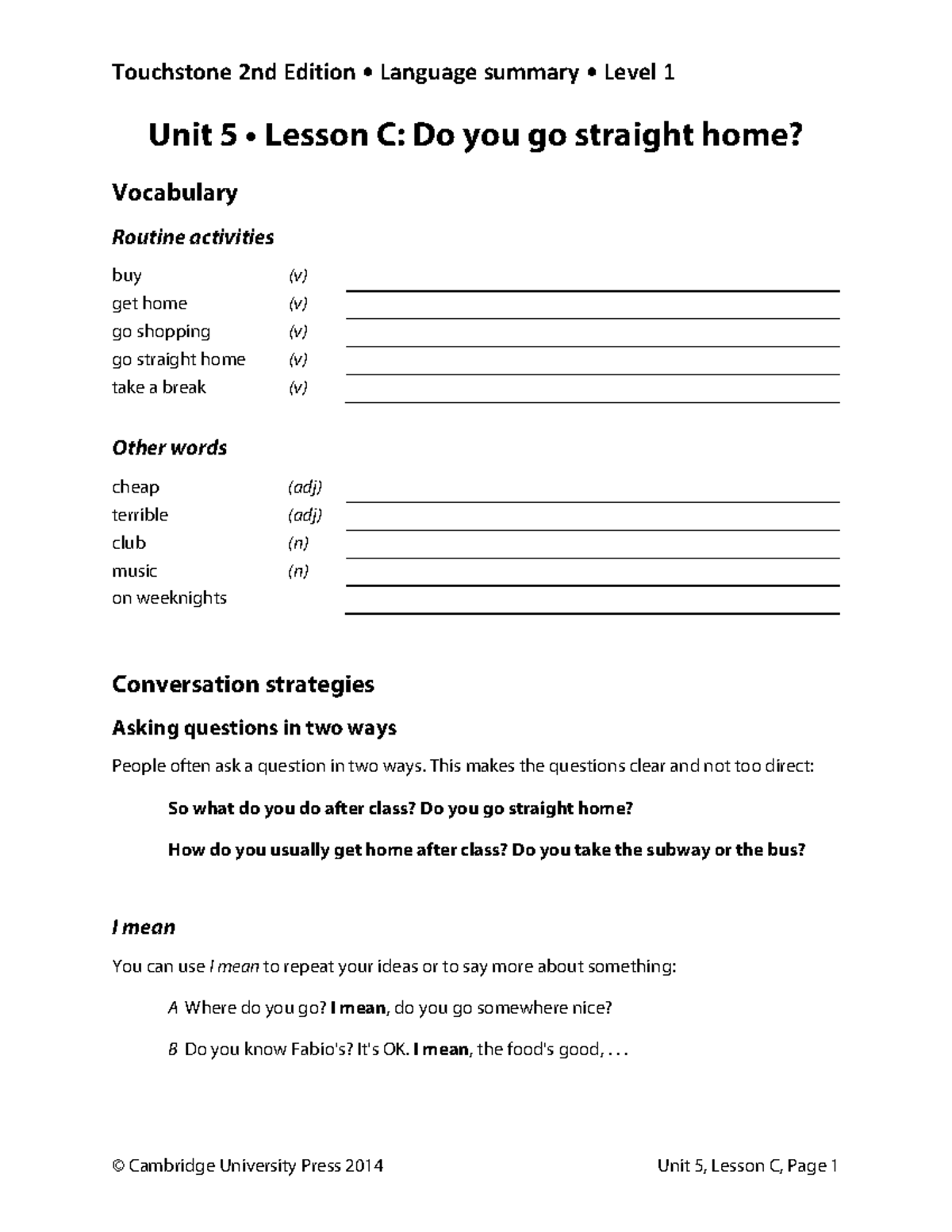 TS2e L1 U5 LC Langsum - ayuda de ingles - Touchstone 2nd Edition • Language summary • Level 1 ...