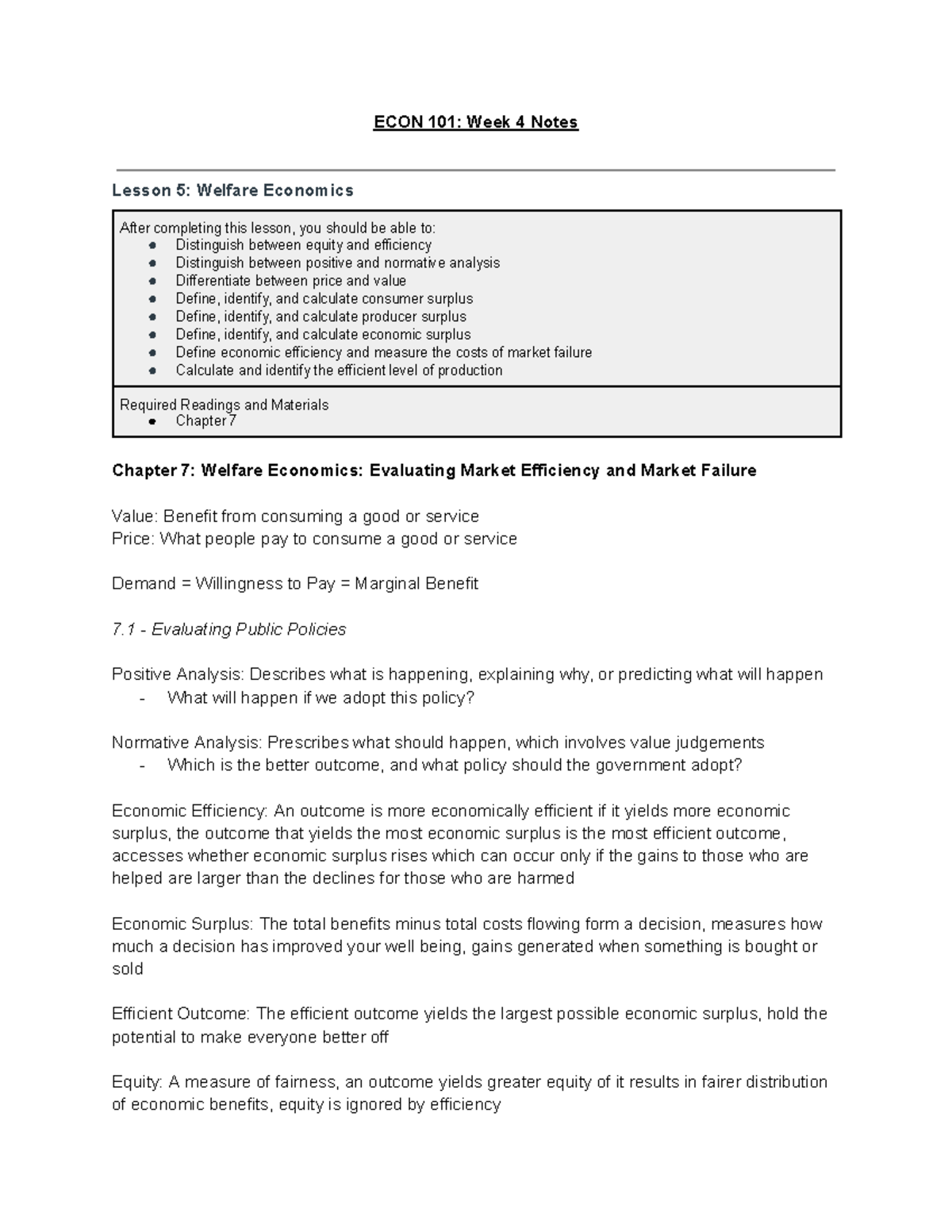 ECON 101 Week 4 Notes - Lesson 5 and Chapter 7 - ECON 101: Week 4 Notes ...