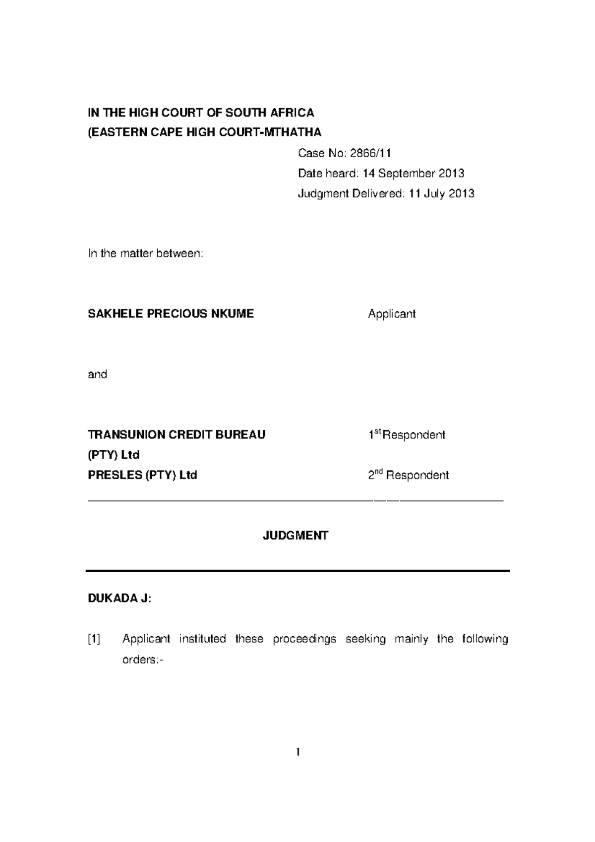 Nkume v Transunion Credit Bureau case law - IN THE HIGH COURT OF SOUTH ...