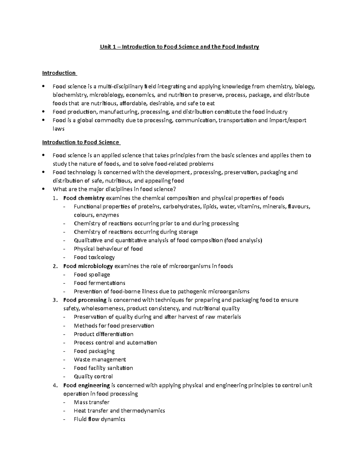 Unit 1 - Unit 1 – Introduction to Food Science and the Food Industry ...