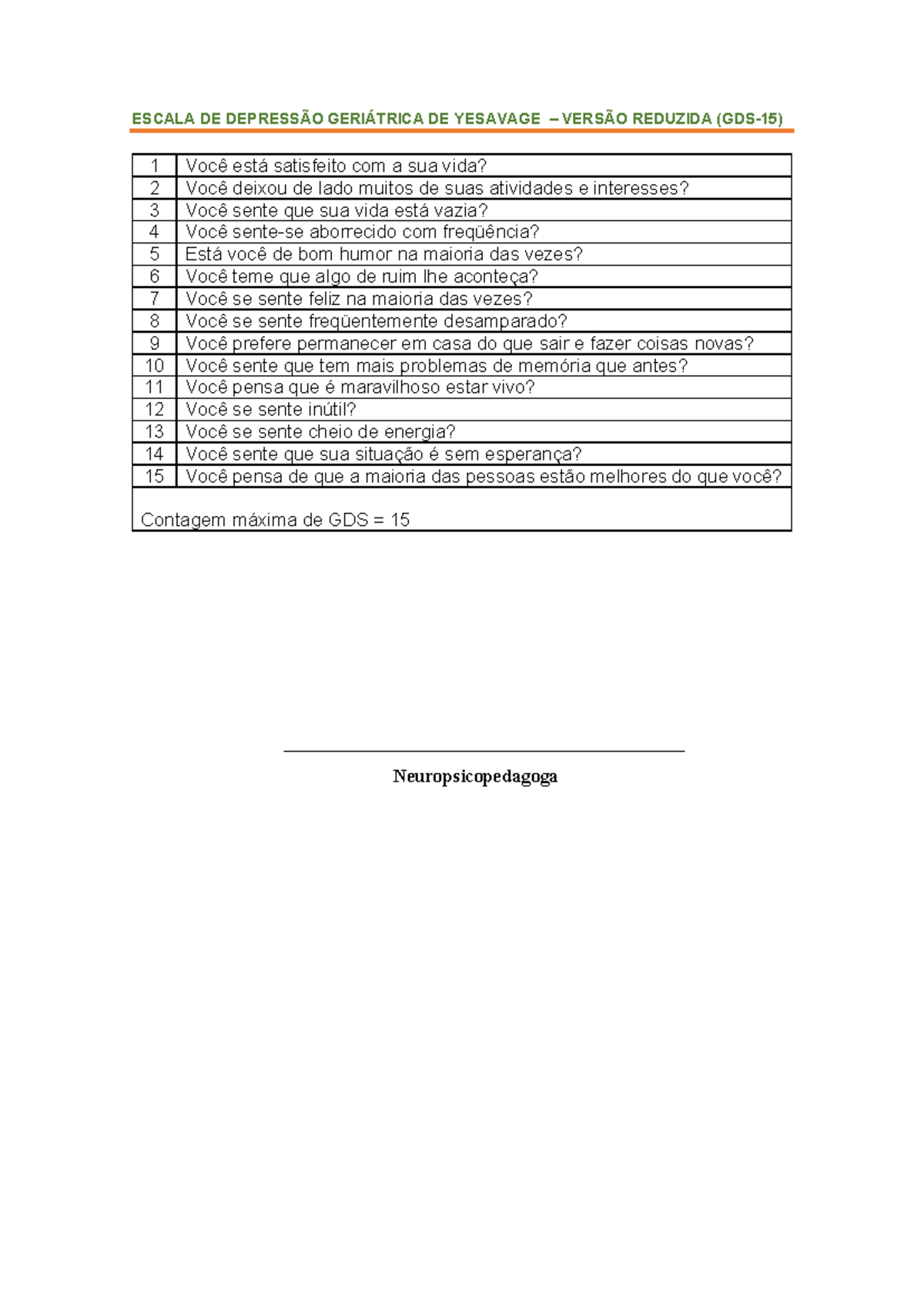 Escala DE Depressão Geriátrica DE Yesavage – Versão Reduzida (GDS-15 ...