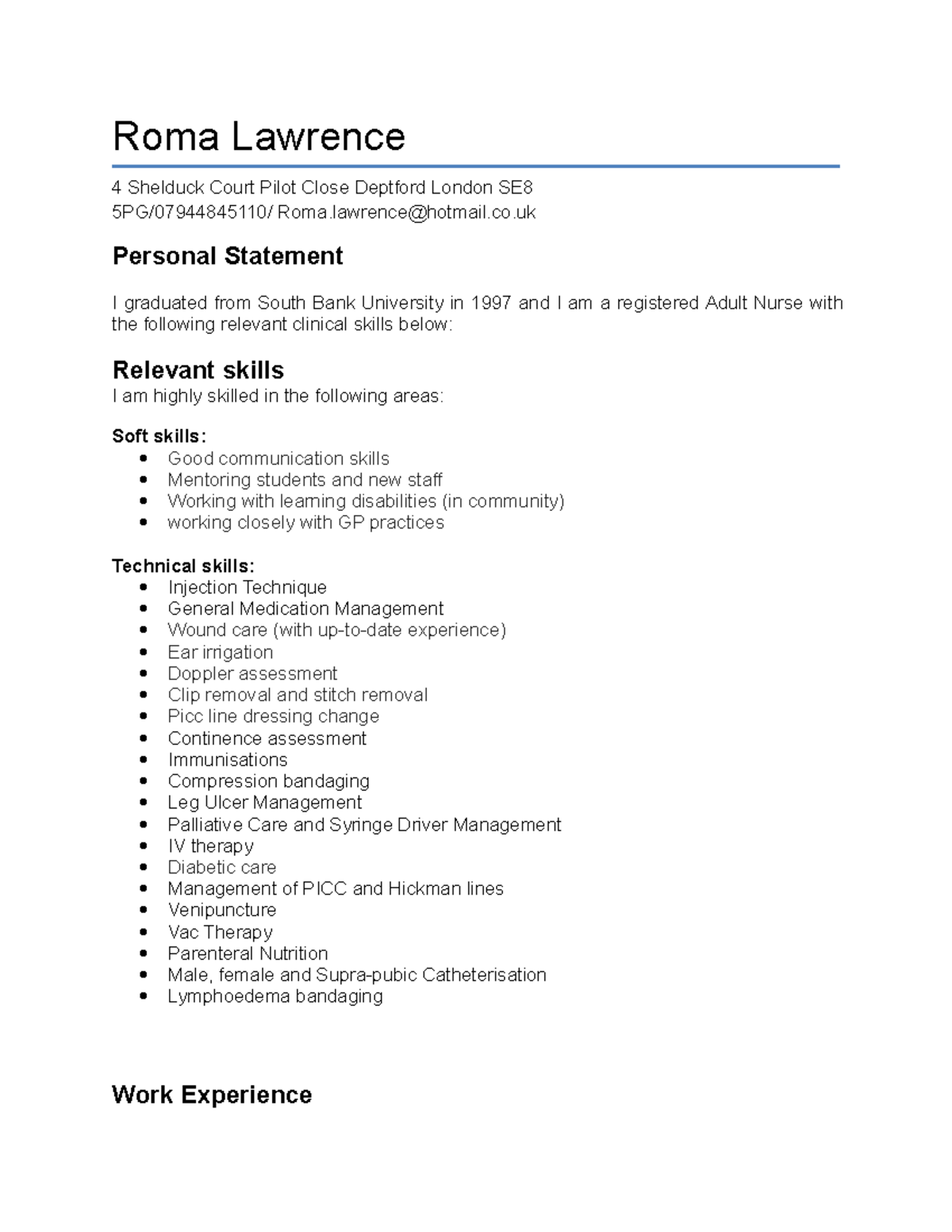 Roma Lawrence CV - Roma Lawrence 4 Shelduck Court Pilot Close Deptford ...
