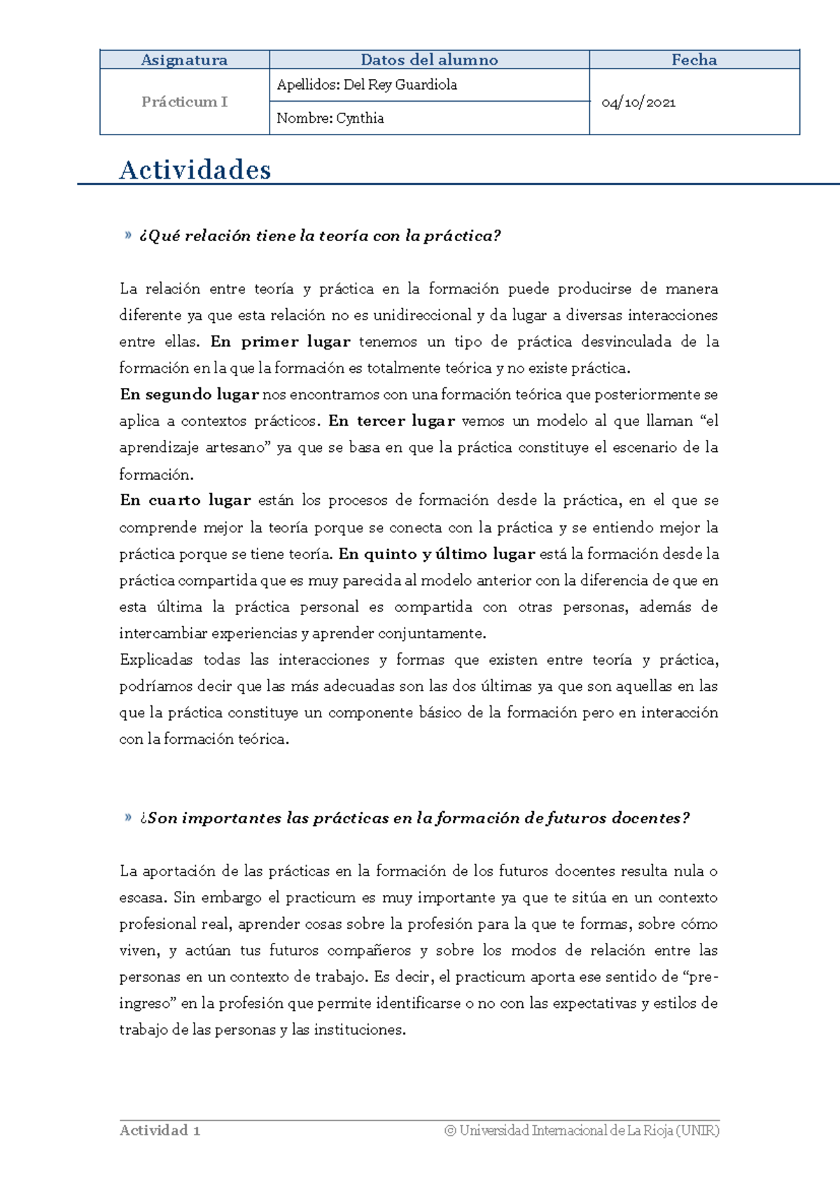 1 actividad - practicum - Asignatura Datos del alumno Fecha Prácticum I ...