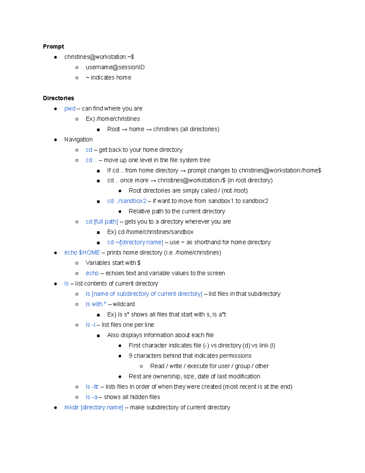 BIOL 4536 - Unix Overview - Prompt christines@workstation:~$ username ...
