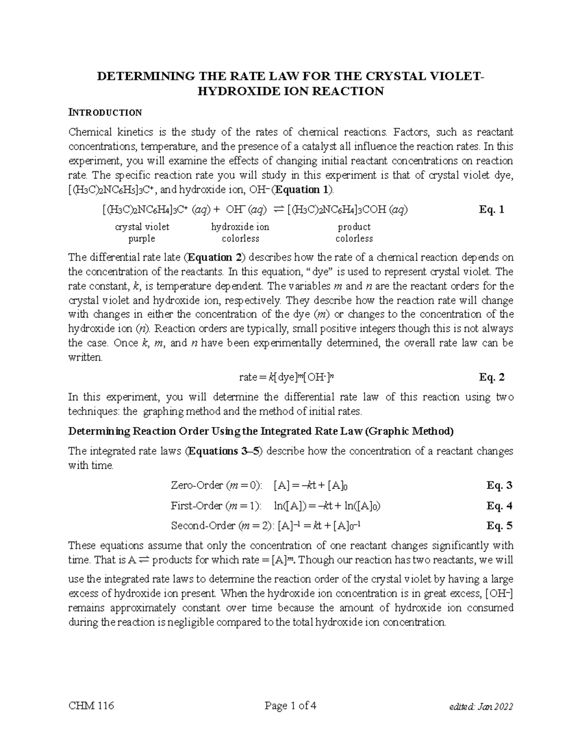 Determining the Rate Law for the Crystal Violet-Hydroxide Ion Reaction ...