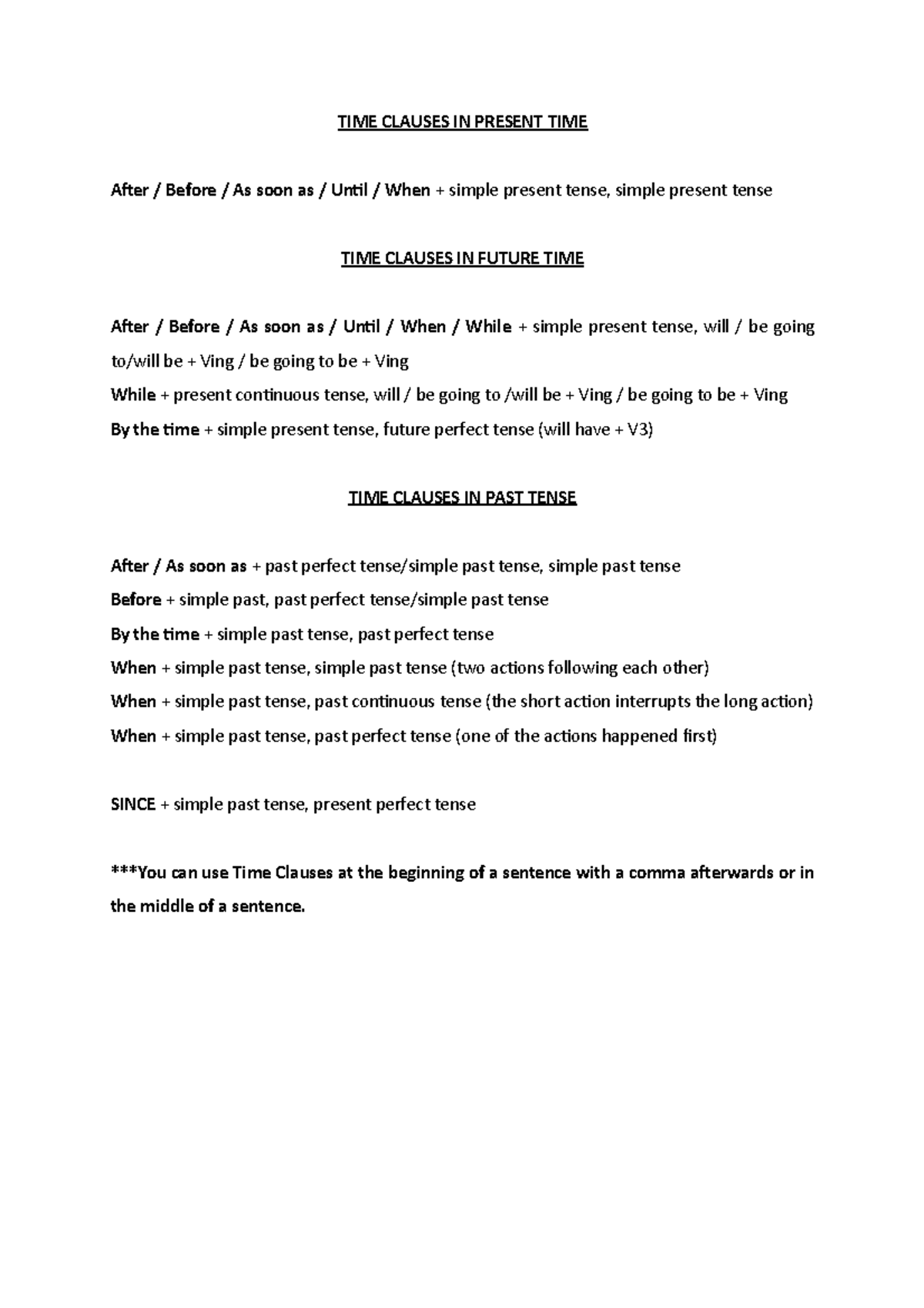 TIME Clauses Summary - TIME CLAUSES IN PRESENT TIME After / Before / As ...