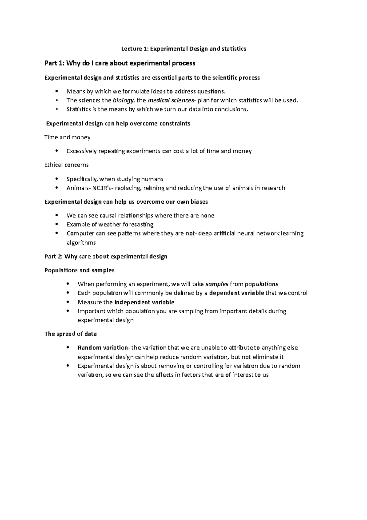 Week 1 lecture notes - Lecture 1: Experimental Design and statistics ...