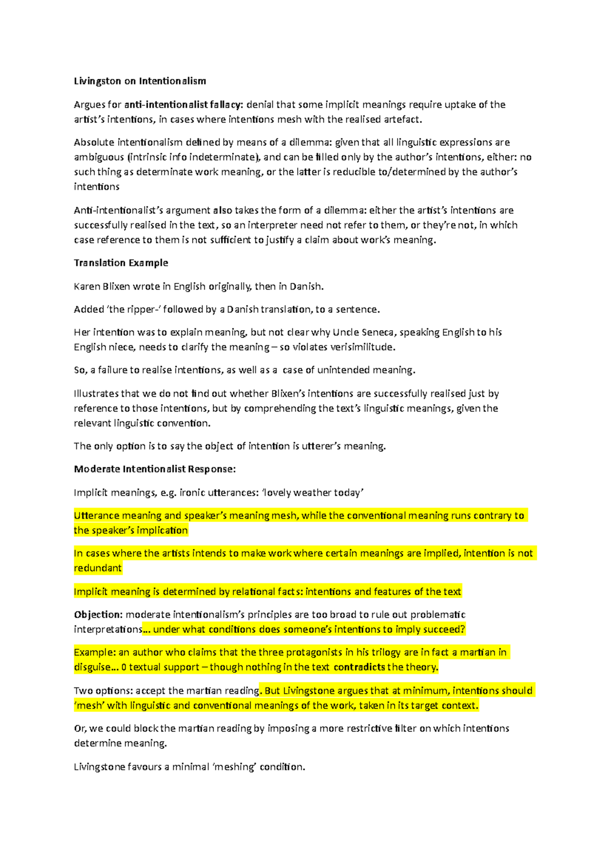 Livingston 'Intentionalism in Aesthetics' Summary - Livingston on ...