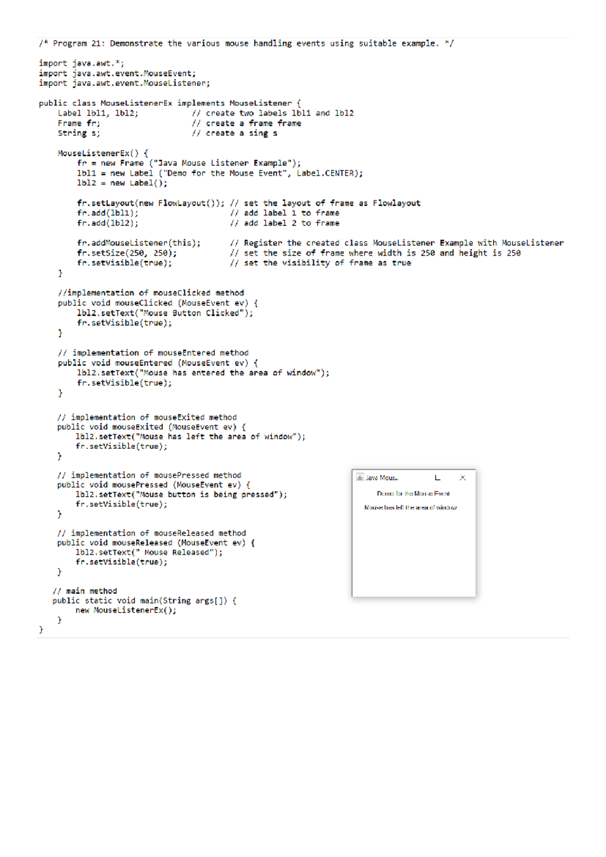 JAVA Lab 21 - 22 - outputs - Program 21: Demonstrate the various mouse handling events using ...
