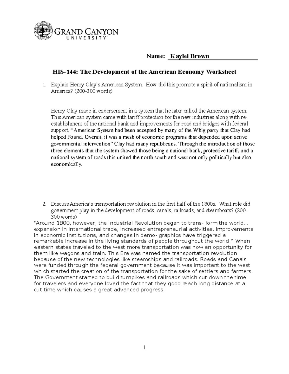 HIS-144.T-4.Development of the American Economy - Name: Kaylei Brown ...