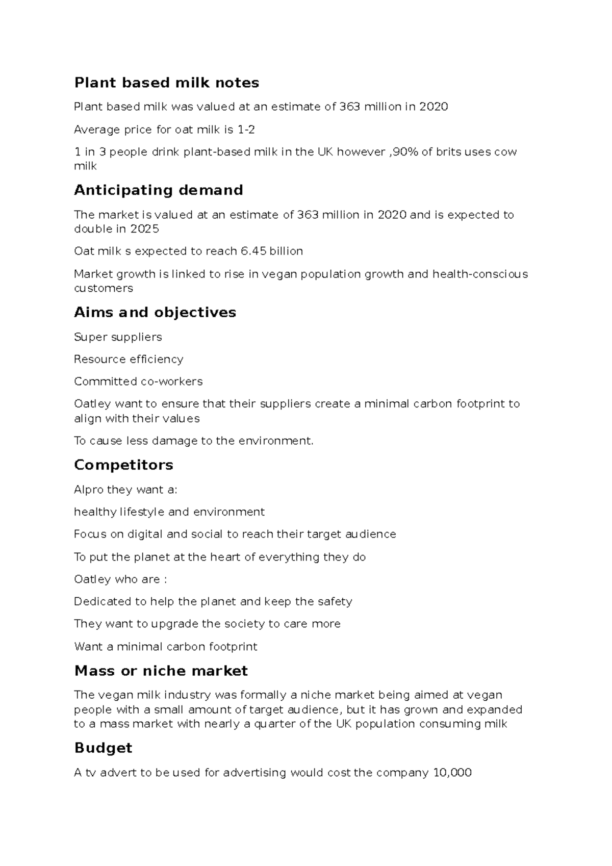 Business notes for fake test - Plant based milk notes Plant based milk ...