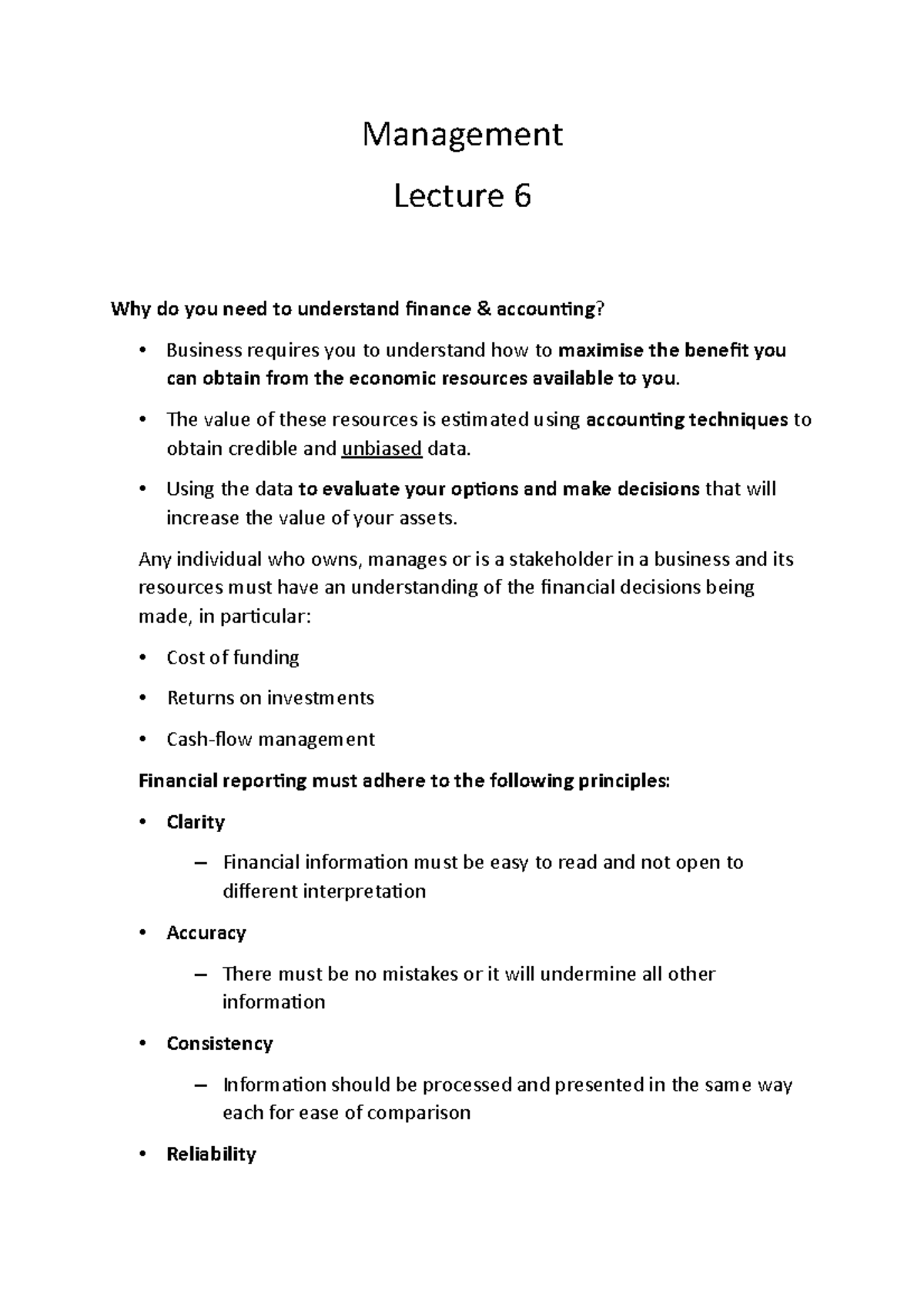 Finance and accounting in management - Management Lecture 6 Why do you ...