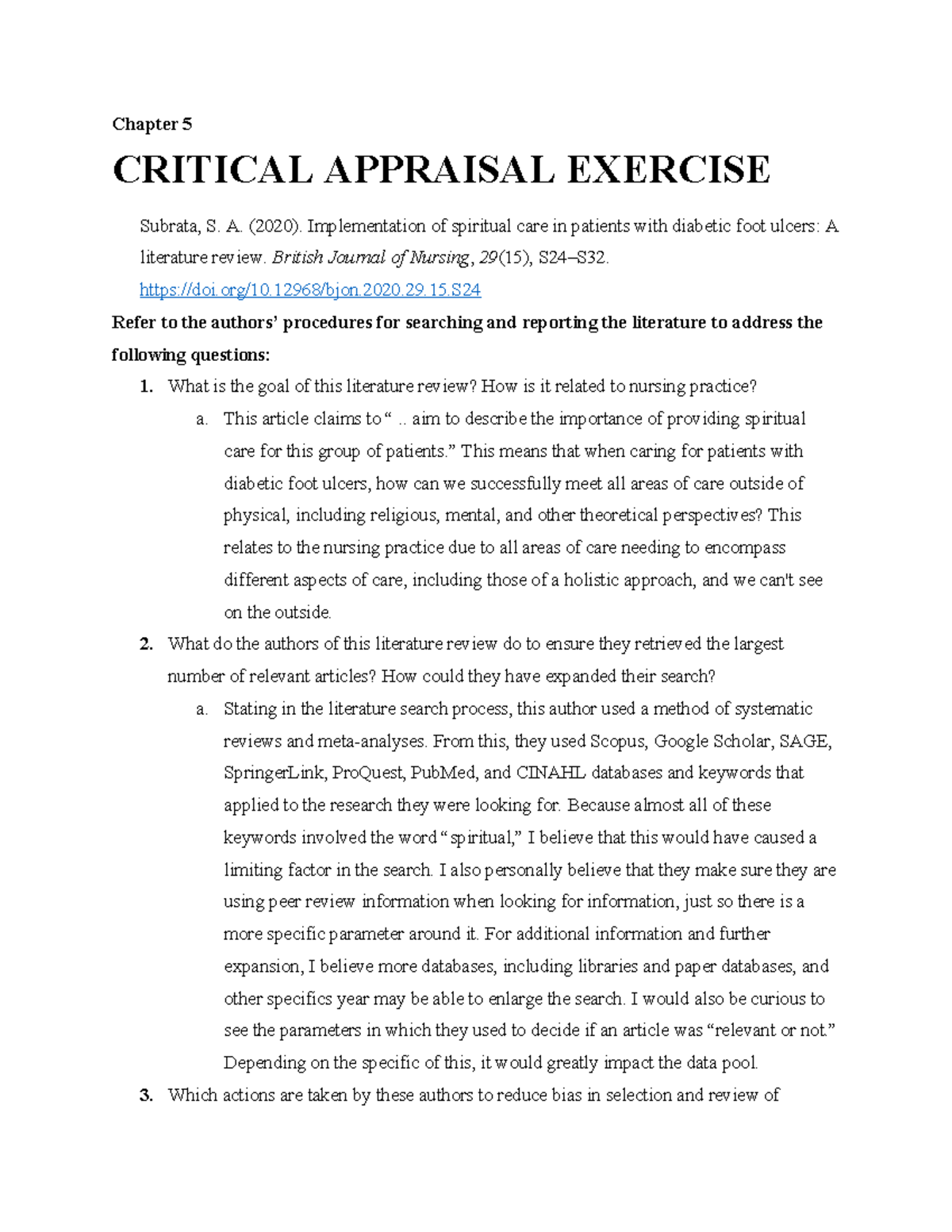 Critical Appraisal P.125 - Chapter 5 CRITICAL APPRAISAL EXERCISE ...