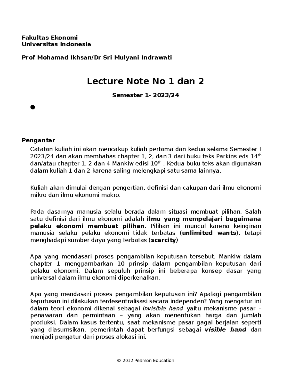 Micro lecture note No 1 and 2 2023 24 - Fakultas Ekonomi Universitas Indonesia Prof Mohamad ...