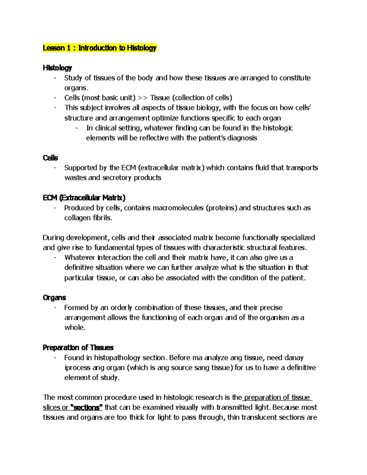 Preparation of Tissues - Lesson 1 : Introduction to Histology Histology ...