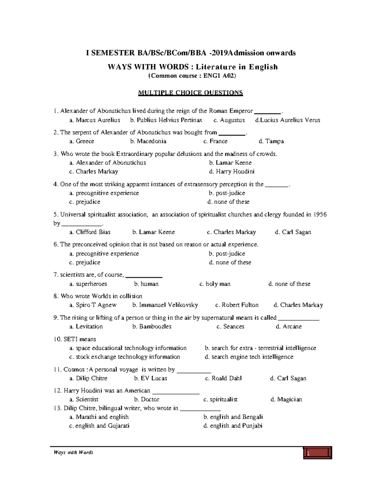 MCQ-Ways with Words - Multiple choice questions - I SEMESTER BA/BSc ...